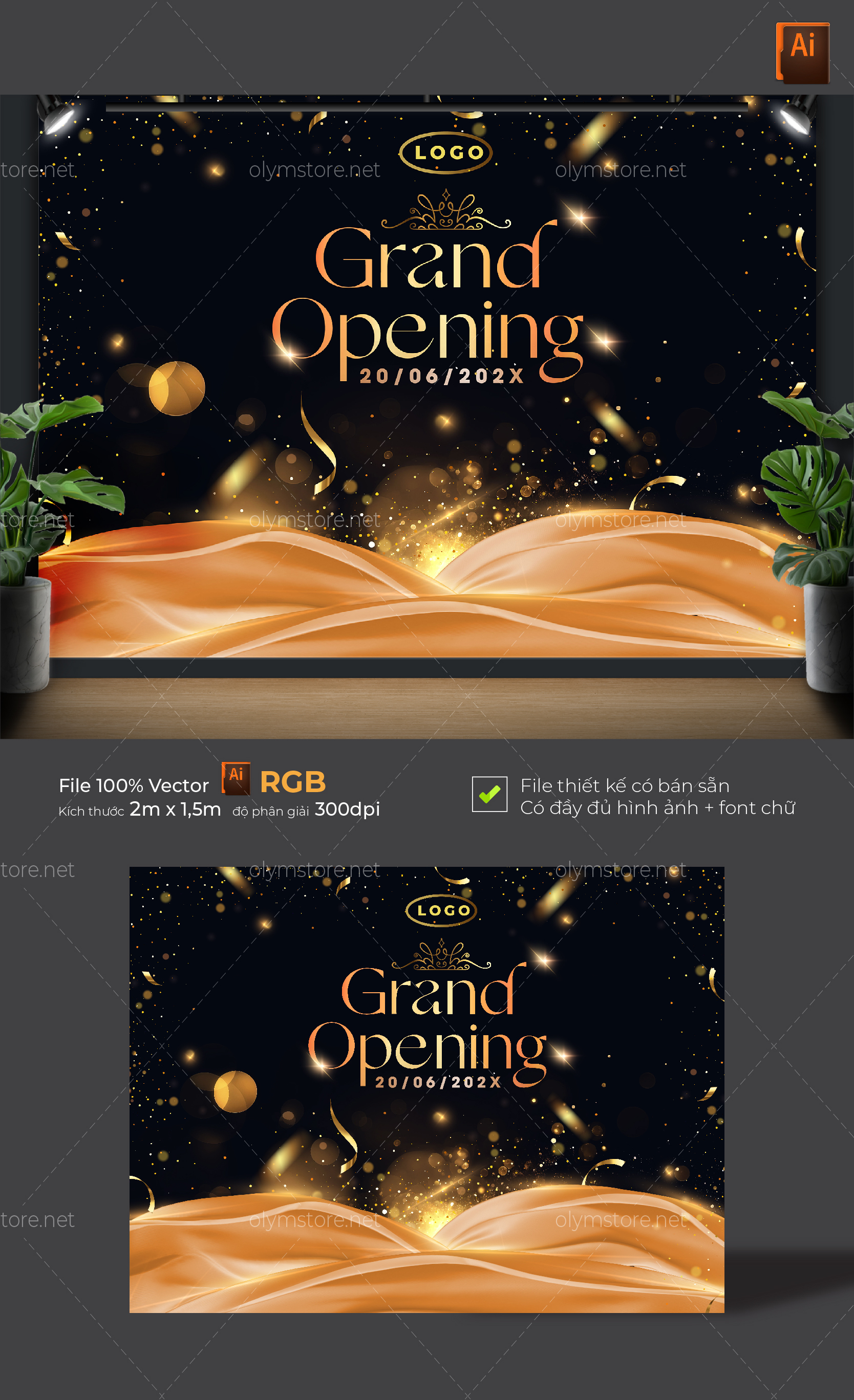 backdrop grand opening màu vàng gold có dải lụa